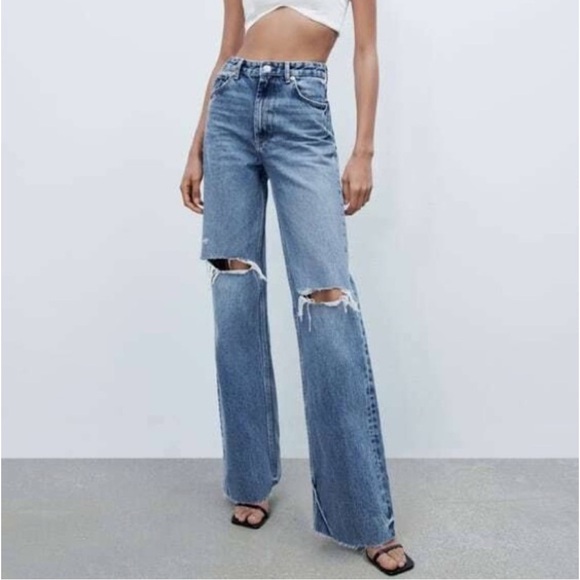 Zara | Jeans | Zara Jeans 9s High Rise Pant Wide Distressed Blogger Fave Y2k Denim Blue 0 | Poshmark